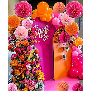 15PCS Hot Pink Orange Party Decorations Tissue Paper Flowers Pom Poms Honeycomb for Girl Groovy Birthday Baby Shower Wedding Bachelorette Summer Flamingo Party Nursery Wall Hanging Décor