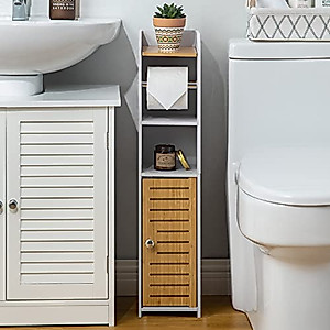 AOJEZOR Bathroom Storage Cabinet,with Toilet Paper Holder Storage Stand,Set of 2-White & Bamboo Small Bathroom Cabinet Fit for Toilet Paper Storage,Waterproof Toilet Cabinet Perfect for Small Space