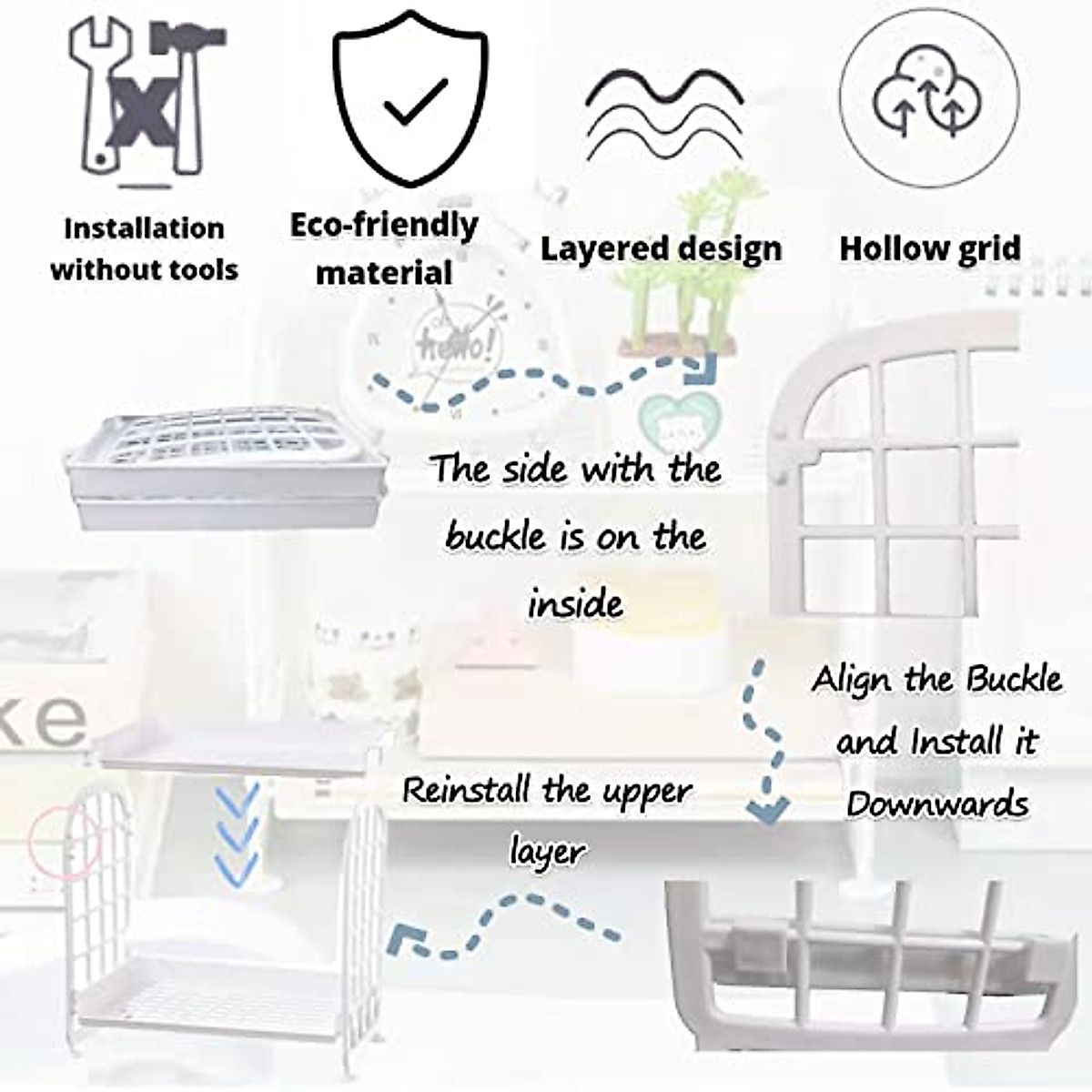Wellcun Plastic Kitchen Organization Storage Shelf Rack, 2 Tier Cabinet Shelf Organizers, Office Desk Shelf Organizers and Accessories White, Dresser Organizer, Bathroom Organizer Storage (White)