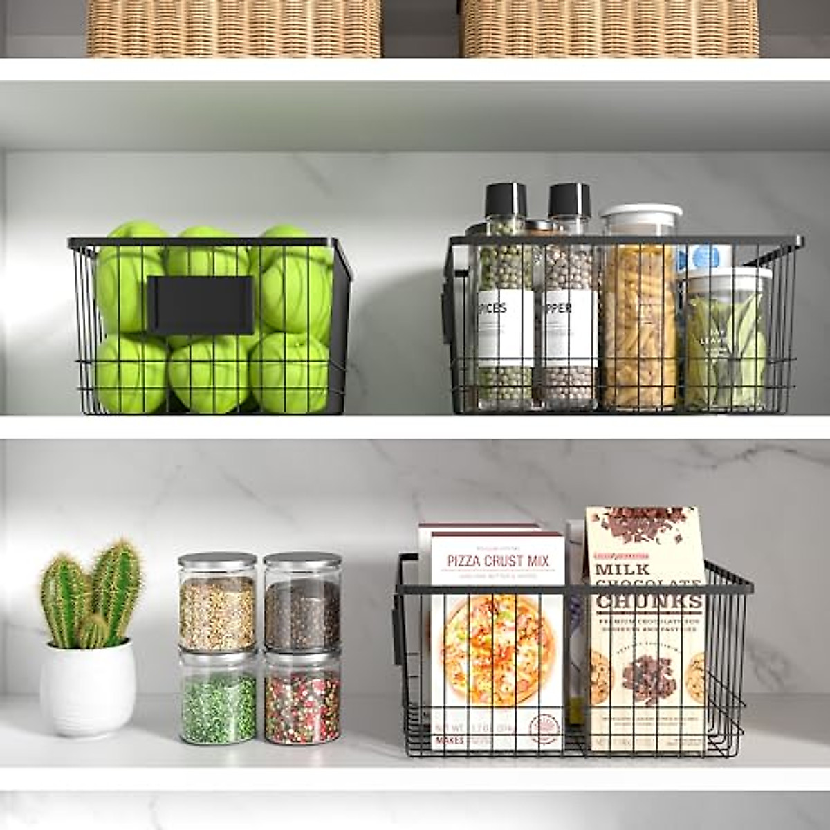 Oceanstar Metal Wire Organizer Bin Basket with Card Holder, Set of 3, Black, WBH1903