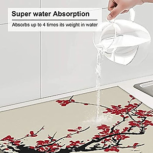 Japanese Floral Cherry Blossom Printed Drying Mat For Kitchen Ultra Absorbent Microfiber Dishes Drainer Mats Non-Slip Silicone Quick Dry Pad - 18 X 16inch