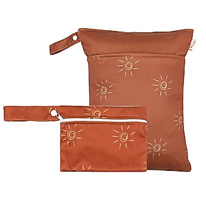 MOMIGO Wet Dry Bags for Baby Cloth Diapers - 2 Pack Reusable, Washable for Baby Stroller, Diaper Bag, Breast Pump Parts, Travel Bags, Gym Bag with 2 Pockets (Sun)