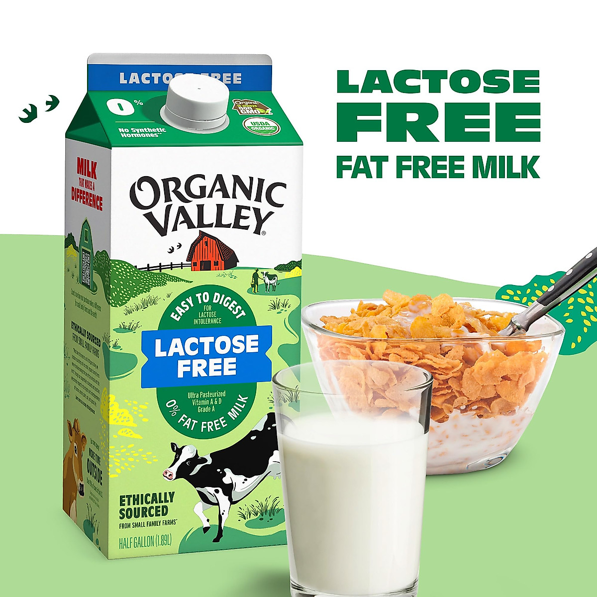 Organic Valley Fat Free Milk, Ultra Pasteurized, Lactose Free, 64 Fl.Oz