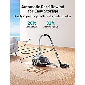 Aspiron Upgraded Canister Vacuum Cleaner, 1200W Bagless Vacuum Cleaner, 3.7Qt Large Capacity, Auto Cord Rewind, Double HEPA Filter, 5 Tools for Hard Floors, Carpet, Pet, Upholstery, Tiles, Car, Silver
