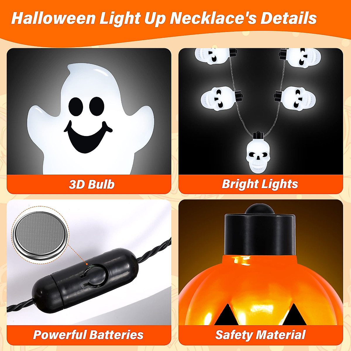 Halloween Necklaces Accessories, 3Pcs Halloween Light Up Necklace, Halloween Pumpkin Skull Ghost Glow Necklaces, 3D Light Halloween Party Favors Necklaces for Trick or Treat Halloween Decorations