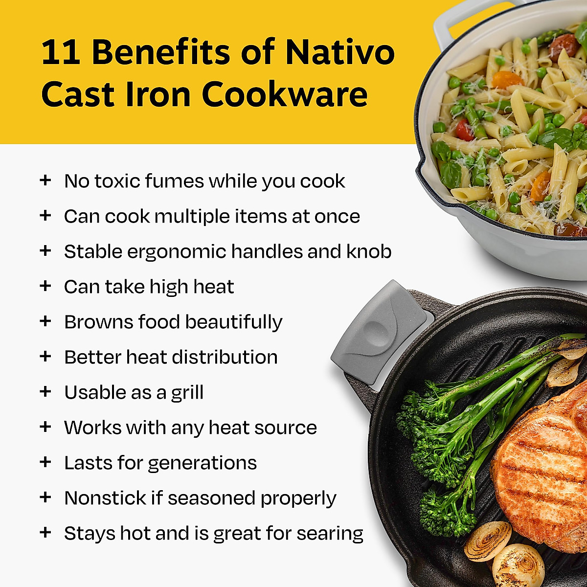 NATIVO 5pc Stackable Cast Iron Cookware Set, Versatile Enamel Dutch Oven, Seasoned Grill Pan & Enamel Braiser with Precision Pour Spouts, Universal Lid, Included Spacers/Handle Holders, White Dutch