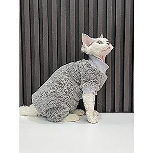WQCXYHW Sphynx Hairless Cat Clothes Winter Soft Faux Fur Four Leg Jumpsuit Outfit High Collar Pullover Comfortable Pajamas Cat Apparel Pet Clothes (XXL(11-15lbs), Gray)