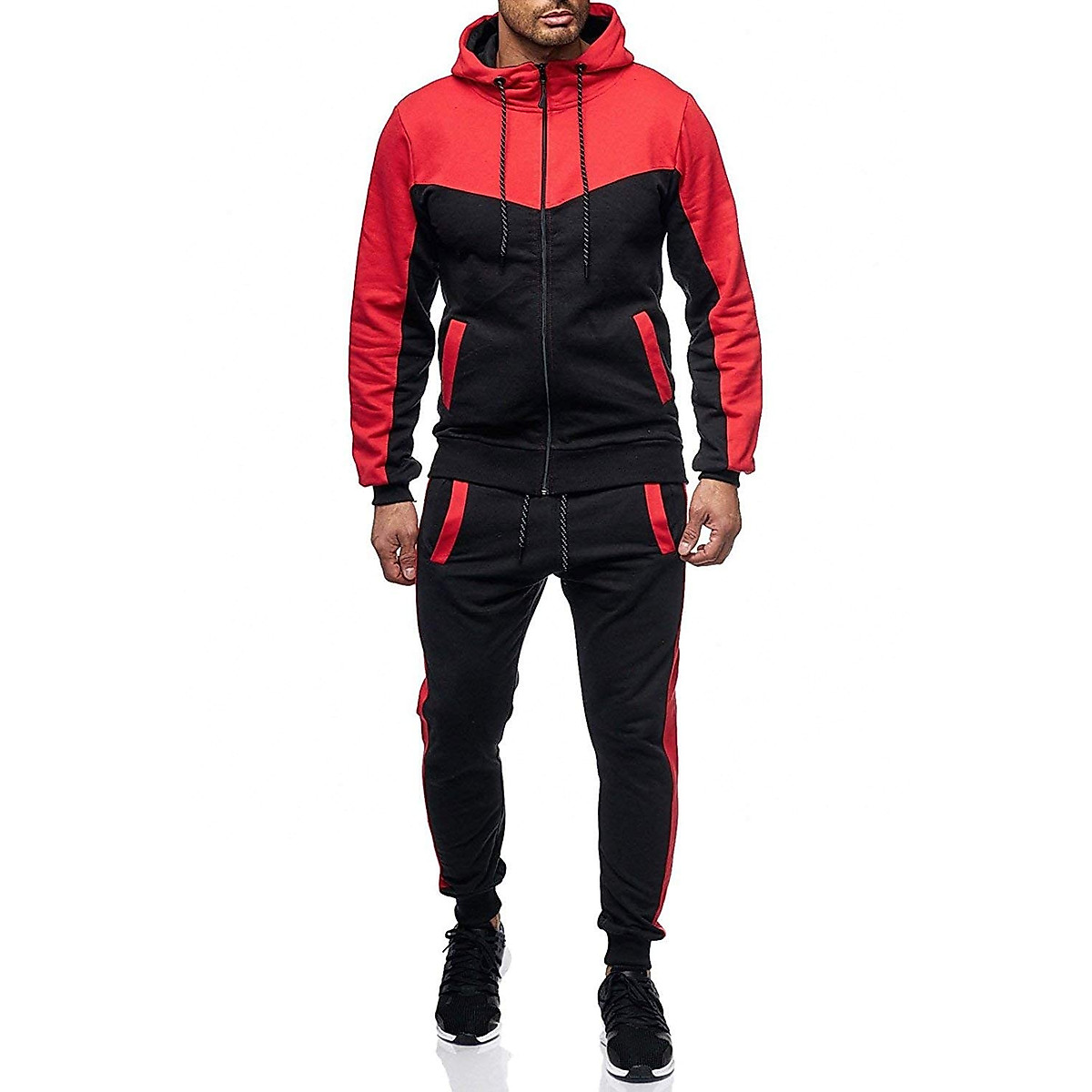 Marine Royal Track Suits for Men Set Full Zip Sweatsuit Outdoor Jogging Men Tracksuits (M, Red)