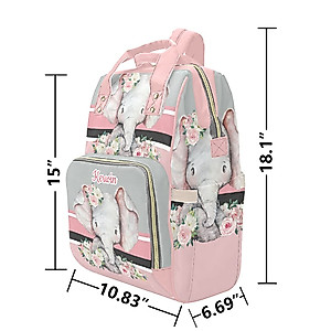 Grandkli Grey Pink Floral Elephant Personalized Diaper Bag Multi-Function Backpack Nappy Bag Travel DayPack for Unisex, One Size