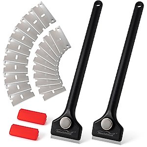 NEWISHTOOL Long Handle Scraper Tool Kit includes 2 Pcs Razor Blade Scraper and 20 PCS 1.5 inch Metal Razor Blades, Long Reach Sturdy Scraper Tool for Glue Residue Label Sticker Removal Oven Cleaning