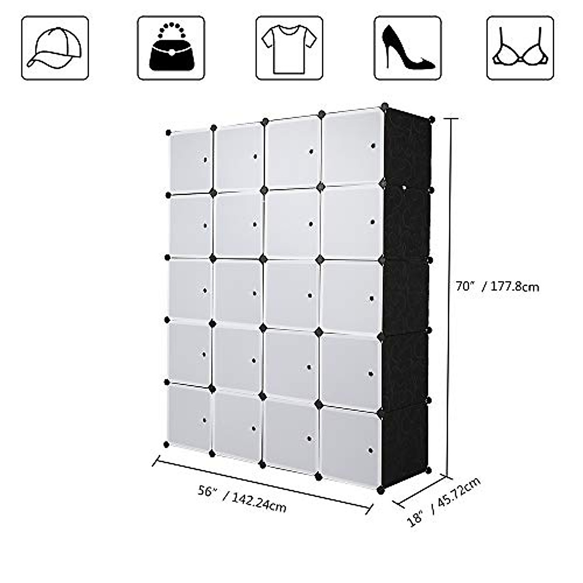 Portable Wardrobe Closet, Modular Plastic Clothes Storage Cabinet Chest w/ Doors, Organizer Cube DIY Bookshelf Combination Armoire for bedroom, living room, Black (20-Cube & 5 Hanging Section)