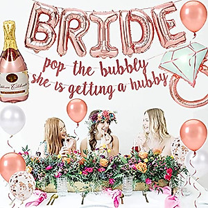 Bachelorette Party Decorations Kit, Bridal Shower Party Supplies Including Bride Balloons, Pop the Bubbly She's Getting a Hubby Banner, Ring & Champagne Bottle Foil Balloons, Rose Gold Balloons kit