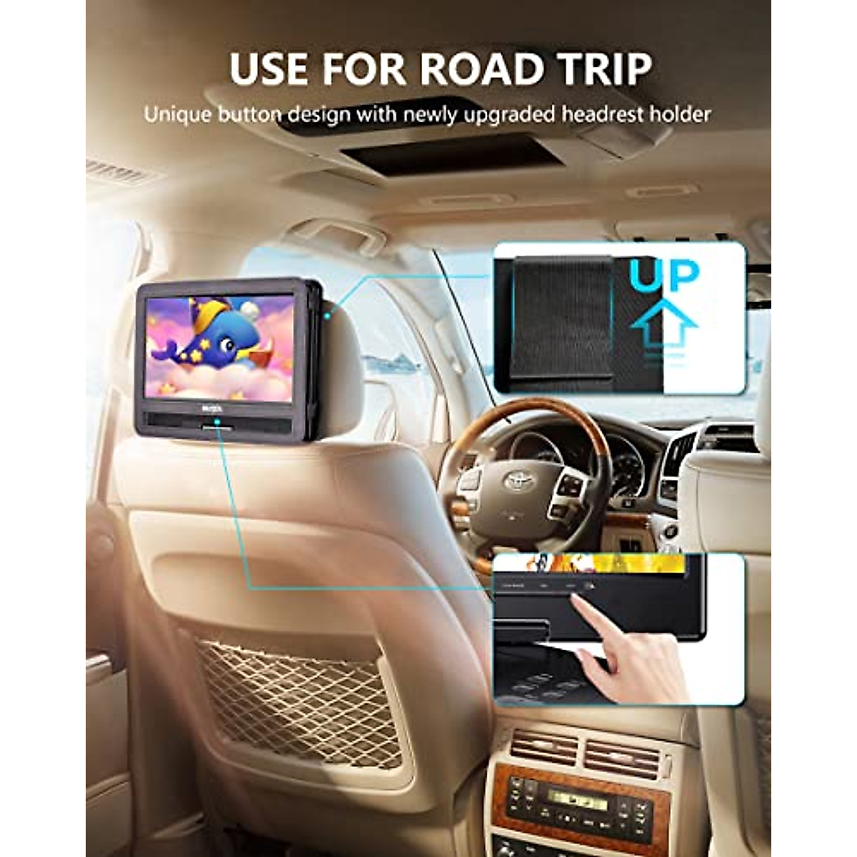 12.5" Portable DVD Player with 10.1" Large HD Swivel Screen, 5-Hour Built-in Rechargeable Battery, Car Headrest Case, Car Charger, Support USB/SD Card/Sync TV, Black