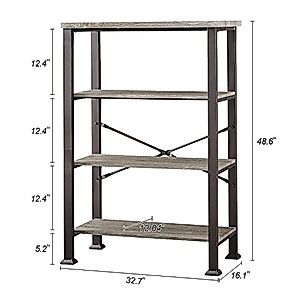 HOMBAZAAR Bookshelf, 4-Tier Vintage Industrial Book Shelf, Rustic Wood and Metal Bookcase and Bookshelves, Free Standing Storage Large Bookshelf for Living Room, Bedroom and Kitchen, Grey Oak