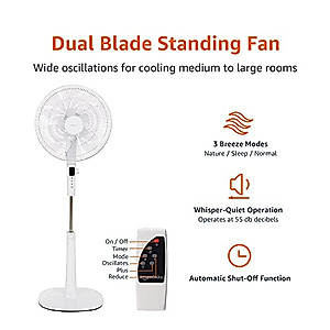 Amazon Basics 16-Inch 12-Speed Pedestal Floor Fan, Standing Fan for Home, with Oscillating Dual Blades, Remote Control, Ultra Quiet and Energy-Efficient DC Motor, Timer, Tilted Head, White
