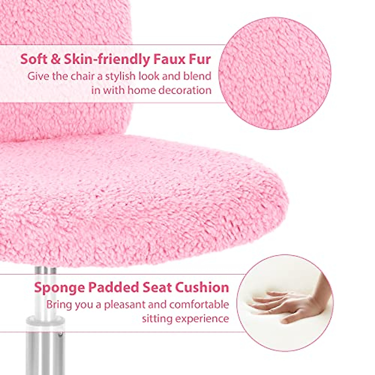 Giantex Faux Fur Office Chair, Armless Home Desk Chair, Height Adjustable Swivel Cute Chair, Middle Back Chair w/Chrome Base, Modern Fuzzy Vanity Chair, Rolling Task Chair for Study Bedroom (Pink)