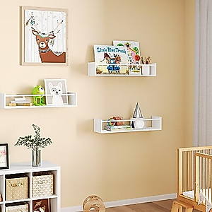 Fixwal Nursery Bookshelves, 16.5 Inch Floating Bookshelves for Wall Set of 3, Baby Kids Decor, Solid Wood Wall Mounted Shelves for Books, Toys and Decor Storage (White)