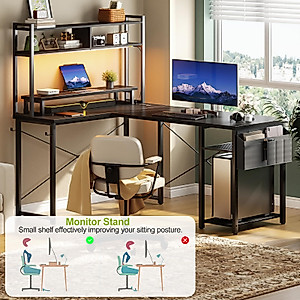 Besiost Small L Shaped Desk Gaming Desk with Power Outlets, 48" Reversible L Shaped LED Computer Desk with Monitor Stand & Storage Shelf, Corner Gamer Desk Home Office Desk with Storage Bag, Black