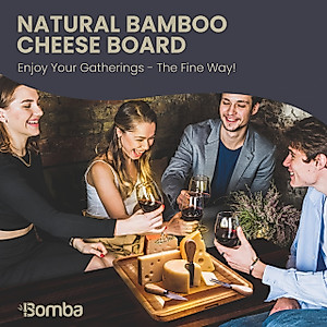 Bamboo Cheese Board – 13 x 13 inches Charcuterie Board with Accessories – Includes 4 Cheese Knives & Forks and Wine Opener - Magnetic Drawer – Ideal for Cheese, Fruit, Wine, Meat