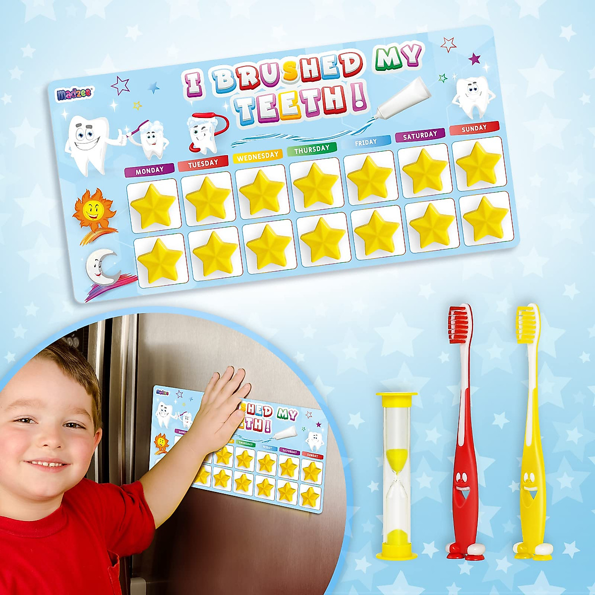 Madzee Toothbrush for Kids with Reward Chart Set, Sand Timer – 2Pcs Soft Bristle Kids Tooth Brush with Magnetic Behavior Chart for Children's Ages 3+