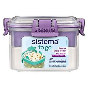 Sistema To Go Collection, 13.5 oz./0.4 L, Portable Snack Container with Separate Compartments, Flexible Seal & Easy-Lock Clips, BPA & Phthalate Free, Color May Vary