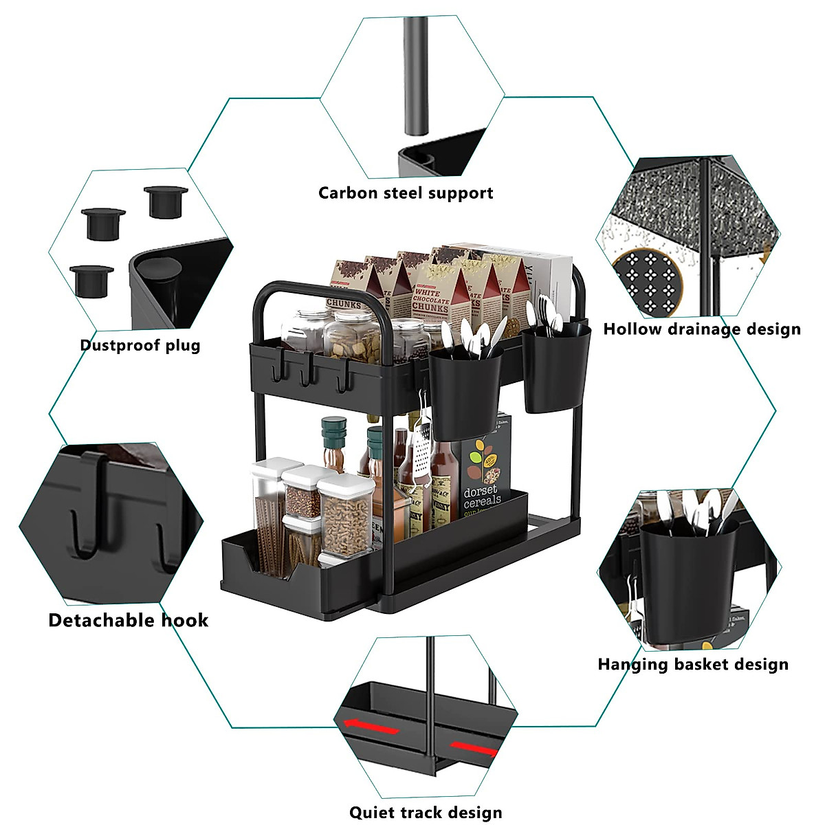 Under Sink Organizers and Storage, 2-Tier Sliding Under Cabinet Bathroom Storage with Hooks, Hanging Cup, Handles, Multi-Purpose Under Sink Organizer for Bathroom Kitchen, Black, 2Pack