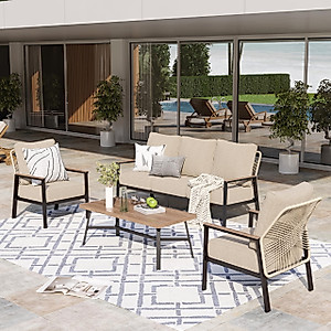 MIXPATIO 4 Piece Patio Furniture Set, All Weather Wicker Outdoor Sofa with 5.5" Cushions, 2 Fixed Chairs, 3-Seat Sofa with Wood Grain Coffee Table, Patio Conversation Set for Porch, Backyard, Beige