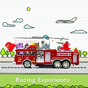 Toysery Remote Control Fire Truck Toy, Realistic Rc Trucks Toddler Toys, Siren Head Toy with Vivid Lights, Bump and Go Red Fire Trucks for Kids, Big Fire Truck with Extending Fire Ladder