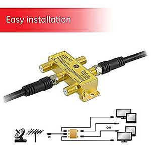 GE Digital 4-Way Coaxial Cable Splitter, 2.5 GHz 5-2500 MHz, RG6 Compatible, Works with HD TV, Satellite, High Speed Internet, Amplifier, Antenna, Gold Plated Connectors, Corrosion Resistant, 33527