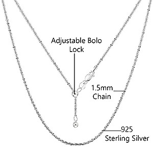 Savlano 925 Sterling Silver Solid 1.5MM Sparkle Crisscross Roc Adjustable Bolo 14-24 Inch Chain Necklace For Women - Made in Italy Comes With a Gift Box (White)