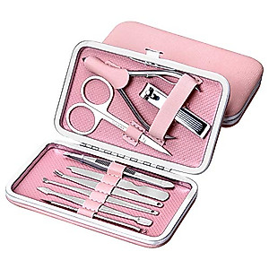 JIUKE Professional Nail Care Manicure Set of 9Pcs,Stainless Steel Pedicure Tool,Finger File Nail Clippers Grooming Kit,With Pink Travel Size Case for Women