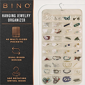 BINO Double Sided Hanging Jewelry Organizer - Beige | Necklace Bracelets & Earrings Storage | Portable Closet Organizer | Over-Door Accessories Holder with Pockets | Wardrobe Cabinet Jewelry Hanger