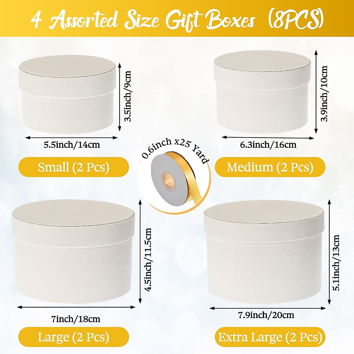 Tenceur 8 Pcs Round Gift Boxes with Lids for Presents Velvet Nesting Gifts Box Arrangements Flowers Boxes 4 Assorted Sizes with 1 Roll Ribbon for Valentine‘s Day Wedding Birthday Party(White)