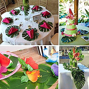 Sharlity Luau Gold Table Skirts for Hawaiian Party Decorations, Luau Party Supplies with 9ft Tropical Raffia Grass Table Skirt, Tiki Palm Leaves and Hibiscus Flowers (1 Pack)