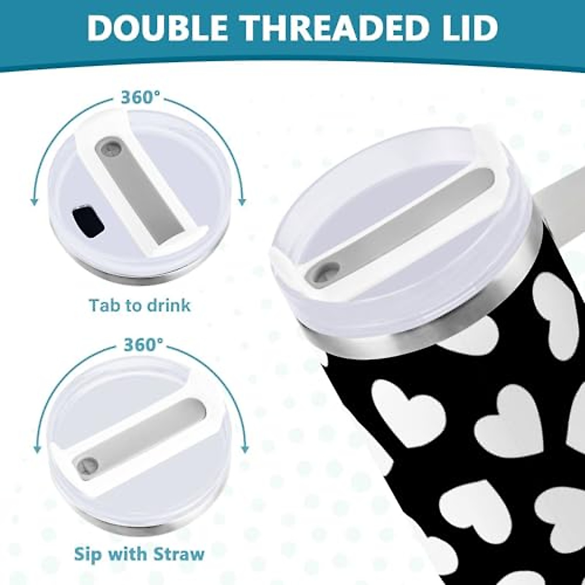 MCHIVER Heart Black 40 oz Tumbler with Handle and Straw Stainless Steel Vacuum Water Bottle Leak-proof Travel Coffee Mug Thermos Water Bottle for Iced Tea Coffee