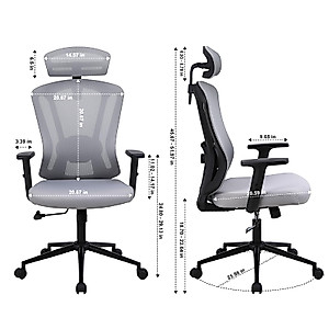 Ermnois Ergonomic Home Office Chair, High Back Desk Chair with Adjustable Lumbar Support, 2D Armrest and Headrest, Mesh Computer Gaming Chair with Tilt Function (1, Grey)