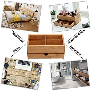 GOBAM Bamboo Makeup Organizers and Storage with Drawer - Wooden Cosmetic Organizer Countertop for Bathroom, Bedroom, Closet, Kitchen, Vanity & Dresser - Make up Vanity Station