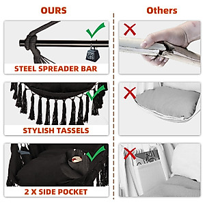 Ciouper Hammock Chair Hanging Rope Swing with Stylish Tassels - Max 500 Lbs - 2 Cushions Included - Heavy-Duty Steel Spreader Bar with Anti-Slip Rings - for Any Indoor or Outdoor Spaces (Grey)