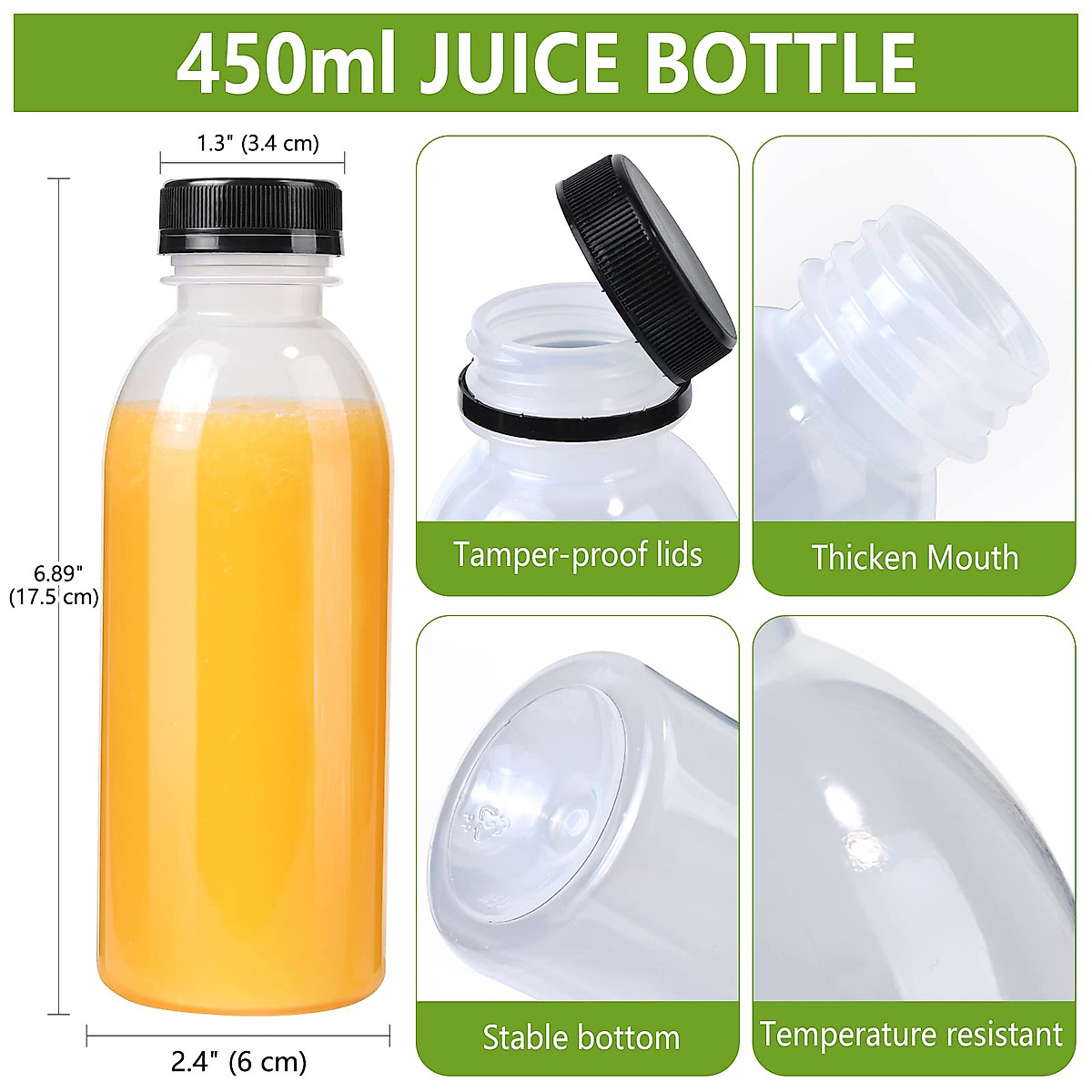 zmybcpack 12 Pack 16oz PP Heat-Resistant Plastic Juice Bottles With Caps-Plastic Smoothie Bottles-Reusable Bulk Beverage Containers with Lids For Juice, Beverage(Dishwasher Safe)