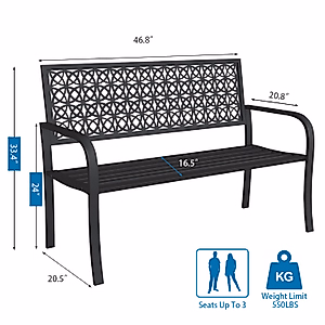On Shine 50'' Patio Garden Bench Cast Iron Steel Outdoor Bench Clearance Weatherproof Metal Park Bench for Porch, Yard, Lawn, Deck(Black - Floral)