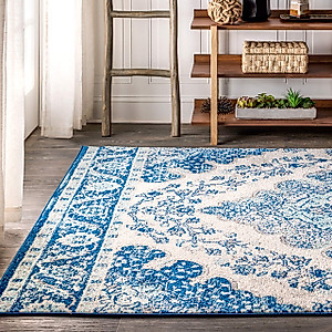 JONATHAN Y BMF106B-5 Bohemian Flair Boho Vintage Medallion Indoor Area-Rug Floral Easy-Cleaning High Traffic Bedroom Kitchen Living Room Non Shedding, 5 X 8, Cream/Blue
