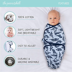 The Peanutshell Baby Swaddle Blankets for Boys or Girls, Blue Dinosaur & Stars, 3 Pack Wrap Set, 2 Sizes (Small/Medium)