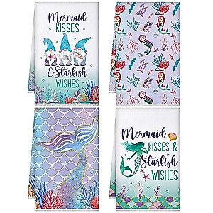 4 Pcs Mermaid Summer Hand Towels Gnome Kitchen Towels Housewarming Towels Set 16 x 24 Inch Absorbent Drying Dish Cloths Tea Towel Housewarming Gifts Decorations for Home Bathroom Drying Dishes
