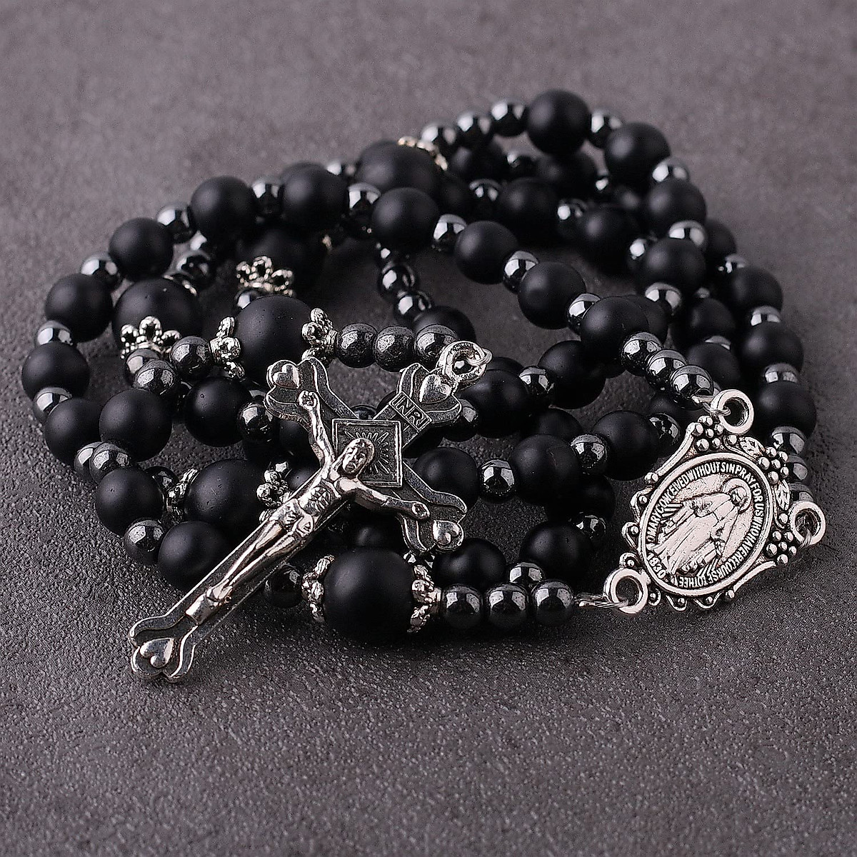 HanlinCC 6mm Black Glass Beads with 4mm Hematite Black Stone Beads Rosary Necklace with Miraculous Center piece and Crucifix pack in Velvet Gift Bag for Men and Women