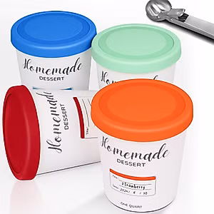 DIKENLAND Ice Cream Containers for Homemade, 4 Pack Ice Cream Containers Set 1 Quart Each, Reusable Ice Cream Storage Containers for Freezer with Silicone Lids, Stickers and Scoop
