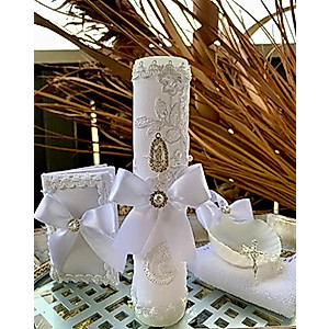 Baptism White Candle Set with Lady of Guadalupe Medal and Pearls Details