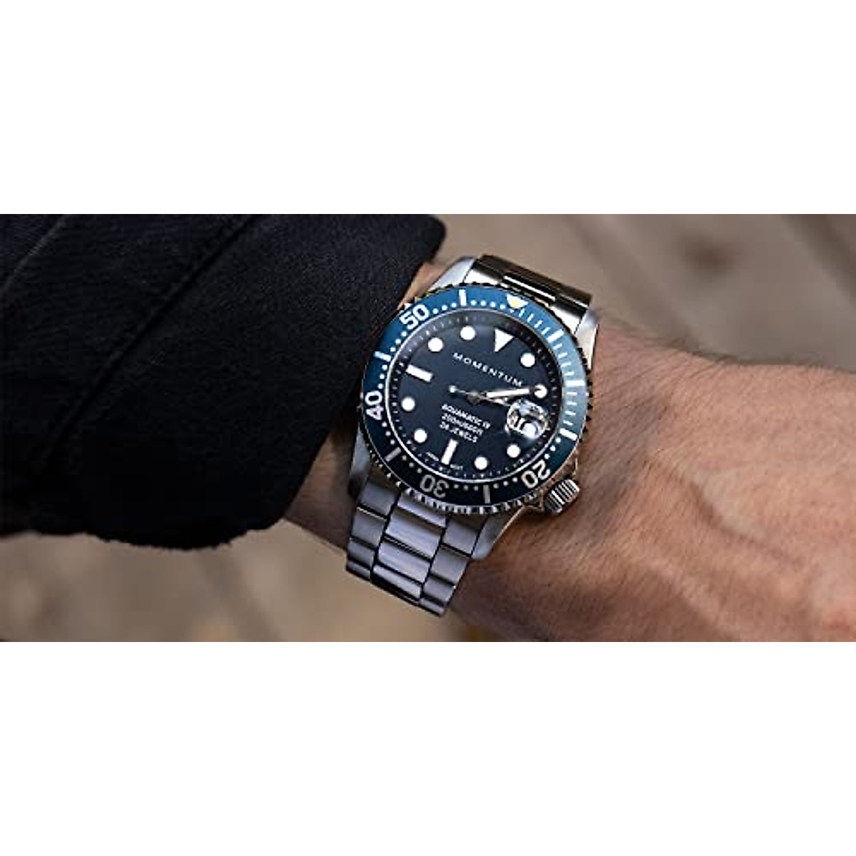 MOMENTUM Men's Aquamatic IV Automatic Dive Watch | 200M Water Resistance | Sapphire Crystal | Glass Back | SuperLuminova Luminous | Self-Winding (Black Dial | Hyper Rubber Band)