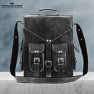 Handmade World Black Vintage Leather Backpack Laptop Messenger Bag Rucksack Sling for Men and Women (12" x 16")