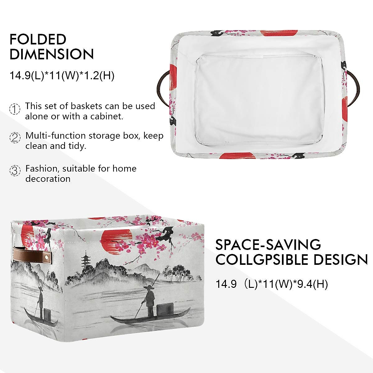 Storage Basket Cube Vintage Japanese Fisherman Large Collapsible Toys Storage Box Bin Laundry Organizer for Closet Shelf Nursery Kids Bedroom,15x11x9.5 in,1 Pack