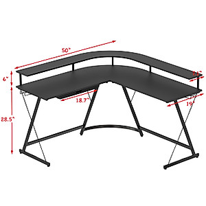 SHW L Shaped Gaming Desk with Full Around Monitor Stand and Drawer, Black